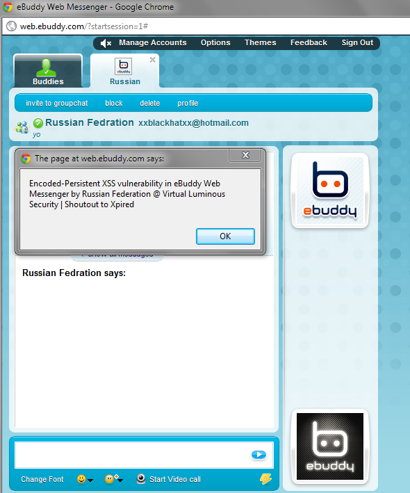 Persistent XSS vulnerability in eBuddy Web Messenger