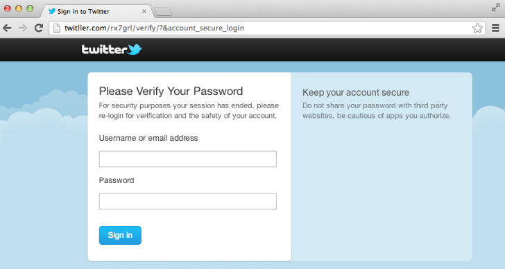 Beware of Fraudulent Sites, phishing for Twitter accounts