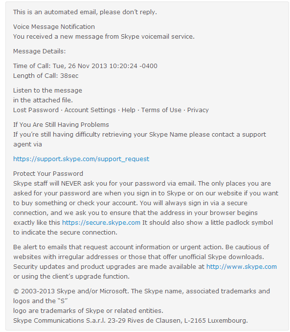Warning: "A new message from Skype Voicemail Service" spam leads to ...