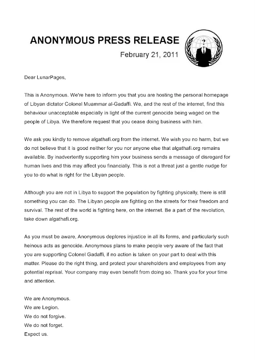 Anonymous Hackers message to LunarPages for removing personal page of ...